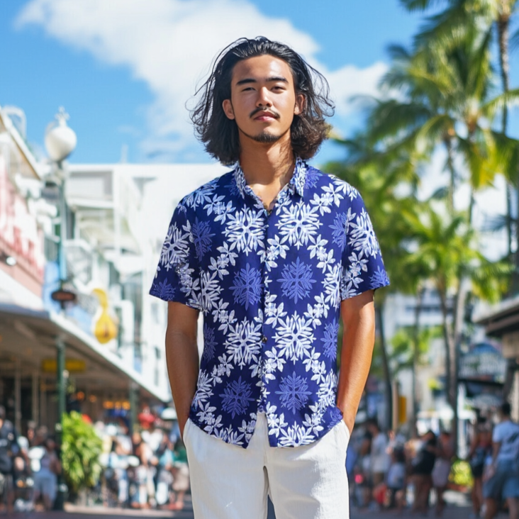 Blue Aloha Shirt - Hawaiian Quilting Motif with Palaka | Muumuu Mall by ...
