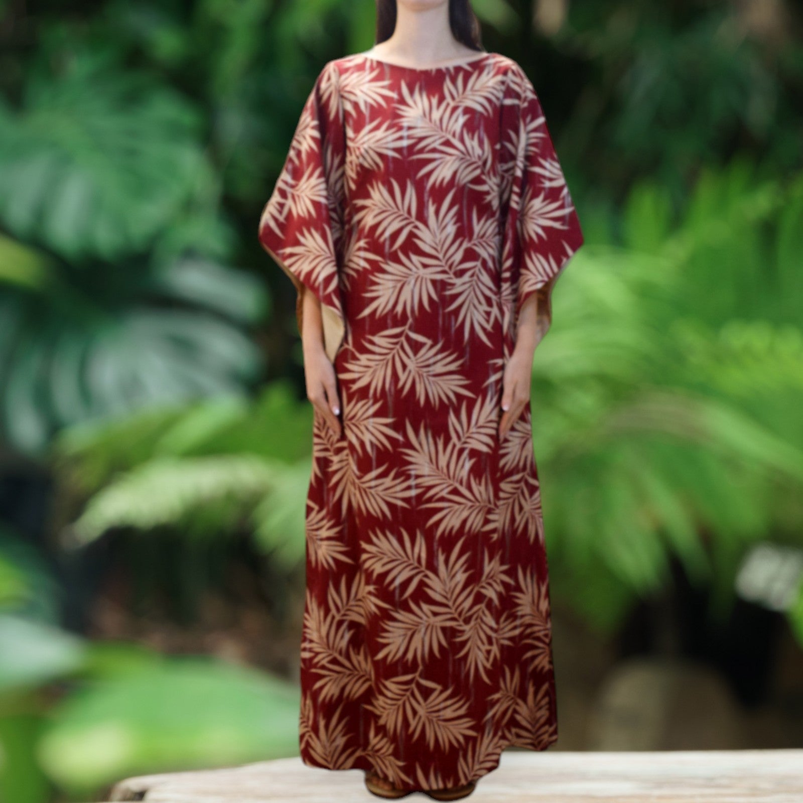 Kimono Sleeve Hawaiian Dress With Slit Design - Maroon Palm Leaf ...