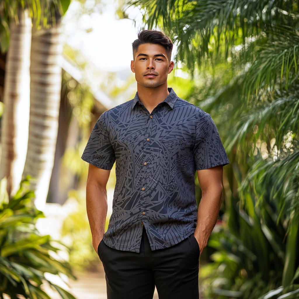 Mens Aloha Shirt l Tribal in Charcoal/Black 018 | Muumuu Mall by Muumuu ...