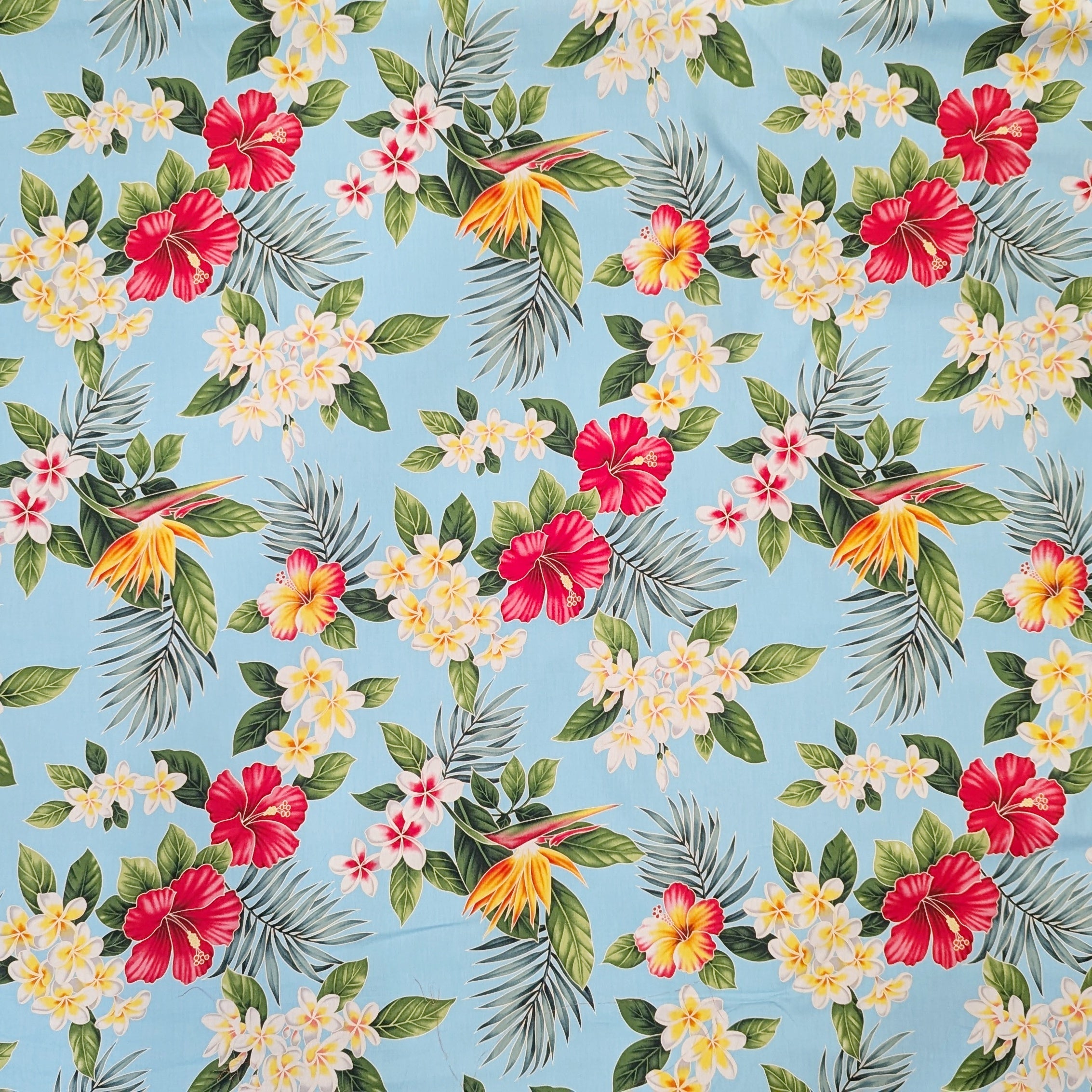 Paradise Hibiscus & Plumeria Hawaiian Fabric - Sky Blue | Muumuu Mall ...