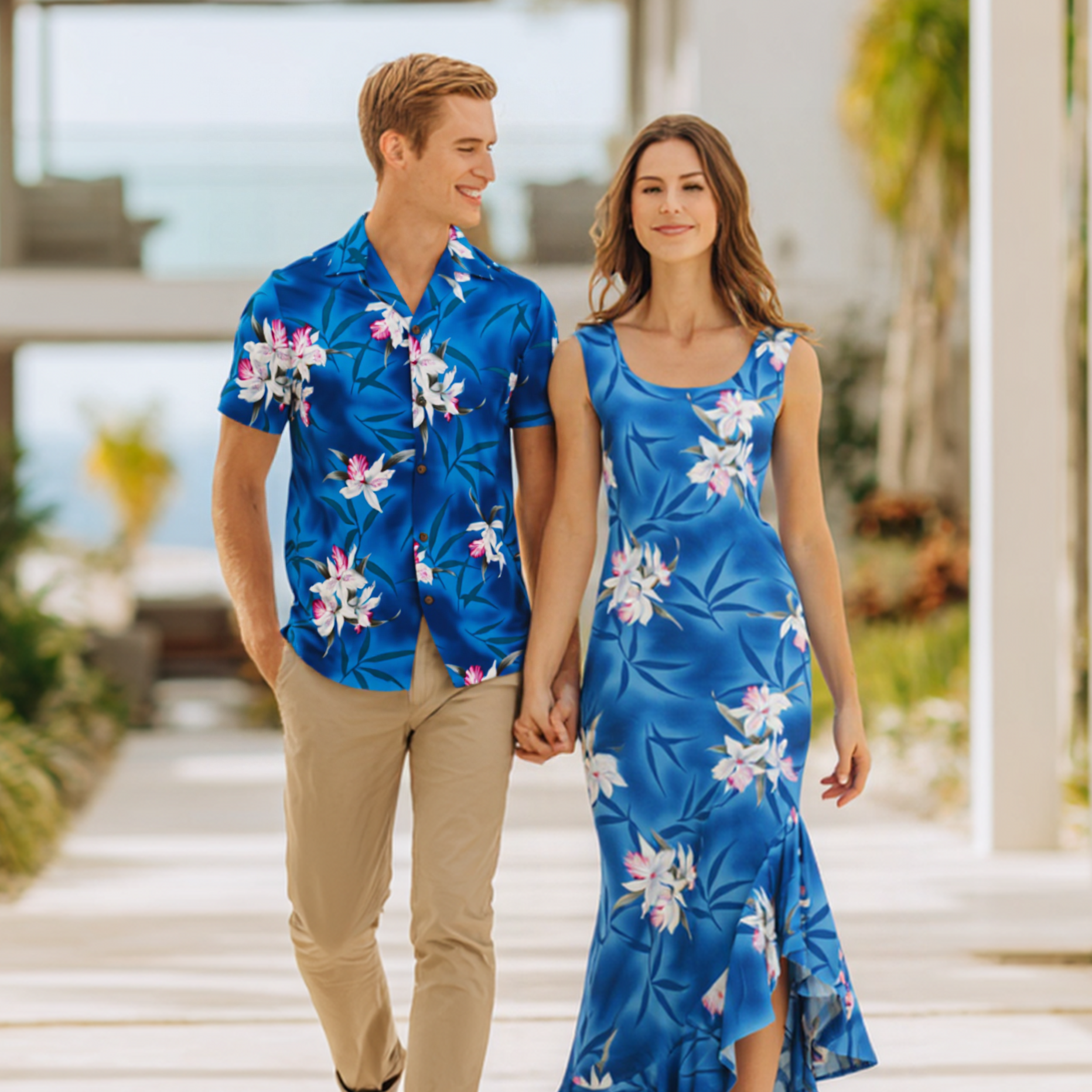 Royal Blue Orchid Matching Outfits – Hawaiian Aloha Shirt & Elegant Dr ...